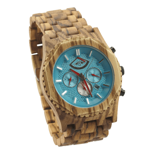 Angie Wood Creations Zebrawood Men’s Automatic Watch with Aqua Dial